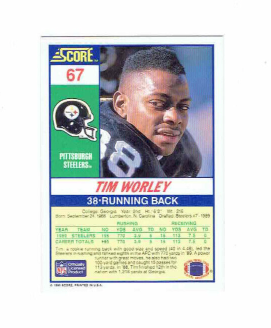 Tim Worley Pittsburgh Steelers #38 Running Back #67 Score 1990 Football ...