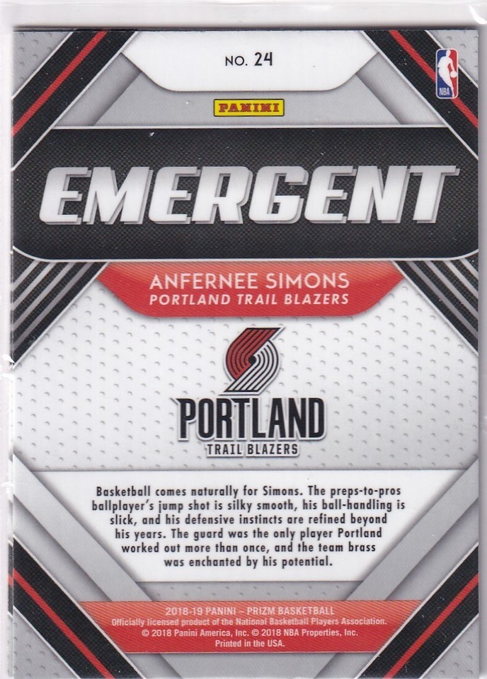 2018 Panini Prizm Basketball NBA Numéro 24 Anfernee Simons Emergent ...