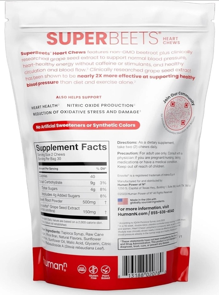 Humann Superbeets Heart Chews, Nitric Oxide and Blood Pressure Support - 60ct | eBay