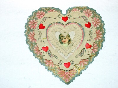 Vtg 7" Victorian Valentine Embossed Paper Lace Scrap Art Die Cut Heart ...