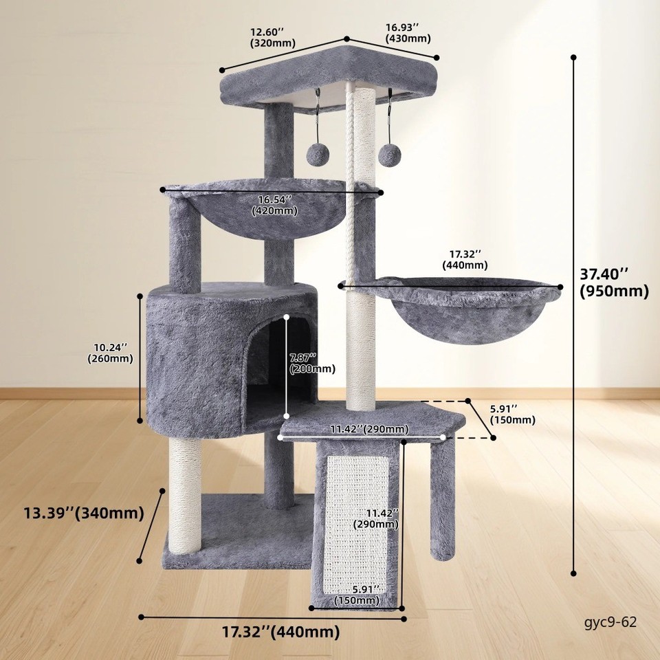 Grey Multi-Level Cat Tree 37.4" Tall Scratching Posts 2 Hammocks Indoor ...