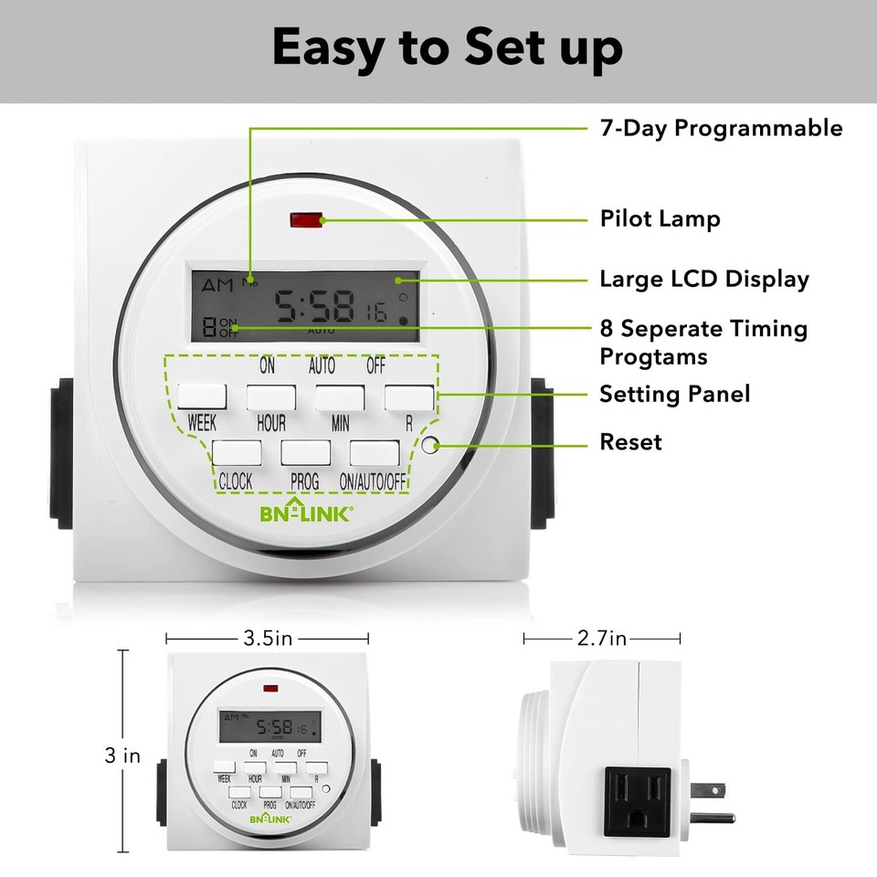 BN-LINK Heavy Duty Digital Electric Programmable Dual Outlet Timer Plug ...