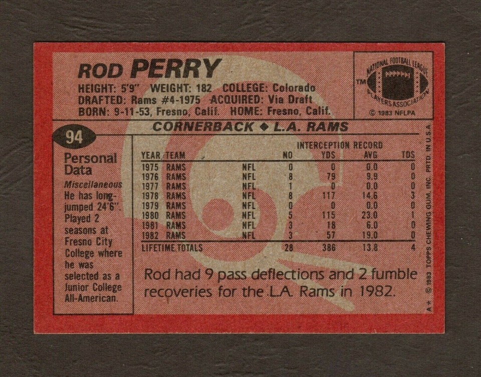 1983 Topps Football Card #94 Rod Perry – Los Angeles Rams | eBay
