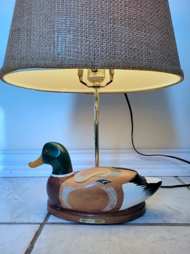 Hand Carved Wood Mallard Duck Decoy Lamp w Glass Eyes & Woven Burlap ...
