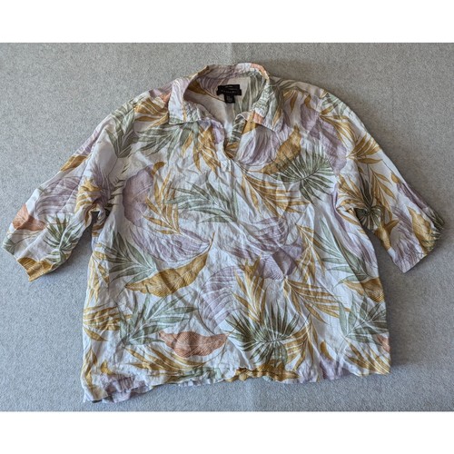 TAHARI Top Size 3X 100% Linen Leaf Print Tunic 3/4 Sleeve Casual Beach ...
