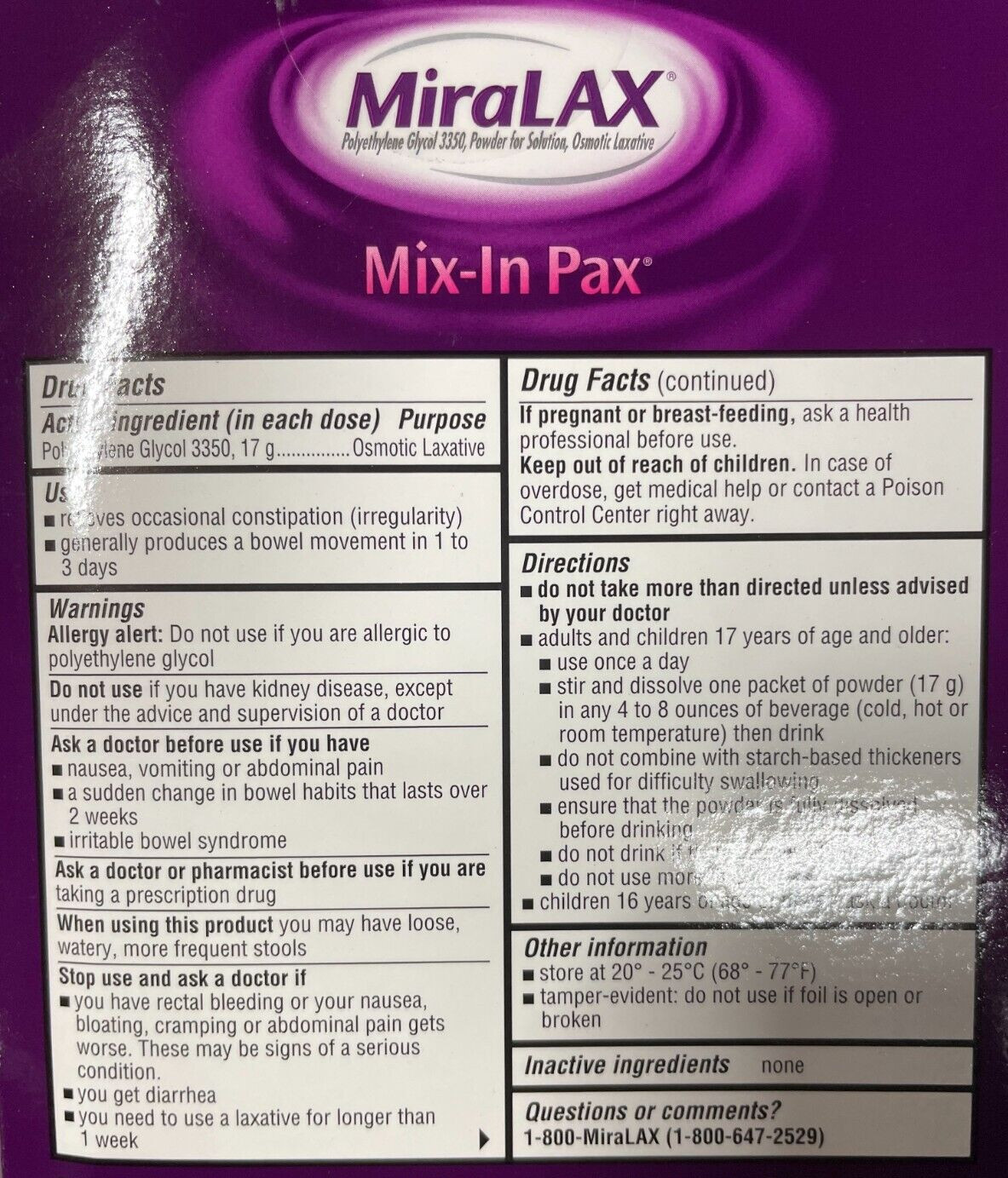 MiraLAX Powder Mix-in Pax Single Dose Packets 48 packets - Exp 8/2025