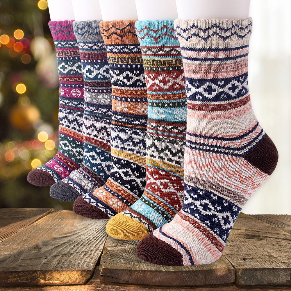 5 Pairs Women Vintage Wool Socks Autumn Winter Thicken Printed Knee ...
