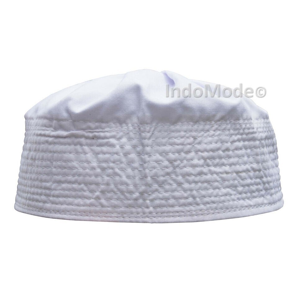 Kufi Prayer Cap Plain White Pleated top Fabric Hat Islamic Topi Ijazi ...