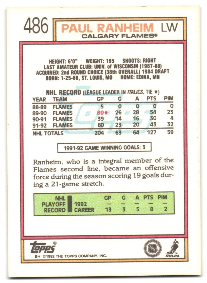 Paul Ranheim 1992 Topps #486 Calgary Flames Autograph Card | eBay