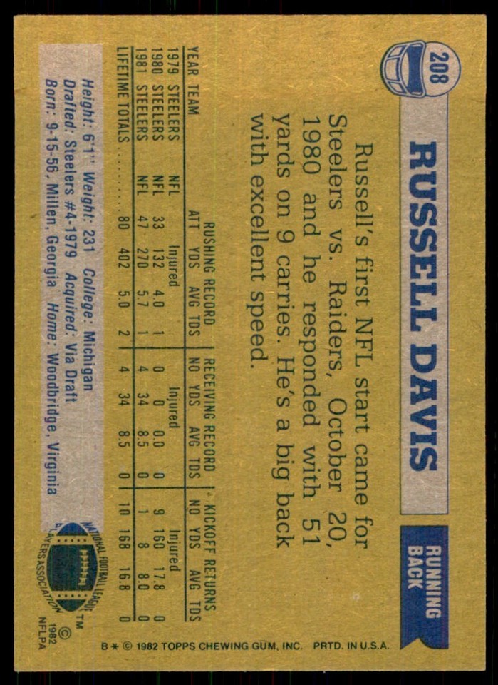 1982 Topps} Russell Davis* Pittsburgh Steelers #208 | eBay