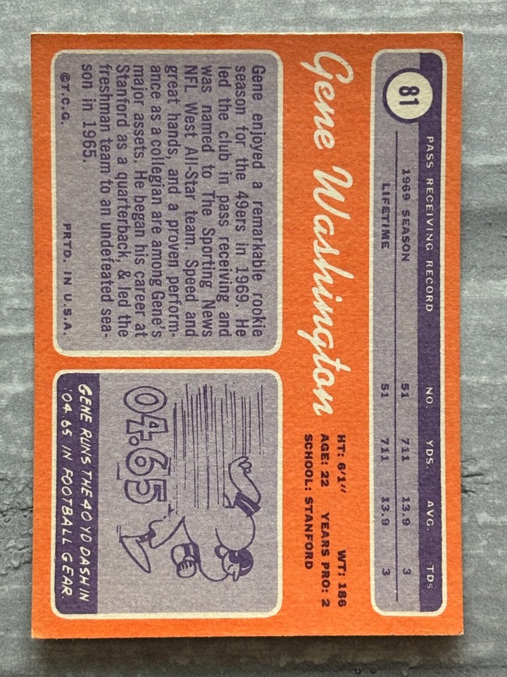 1970 Topps GENE WASHINGTON 49ers "Double Printed" Football Error Card ...