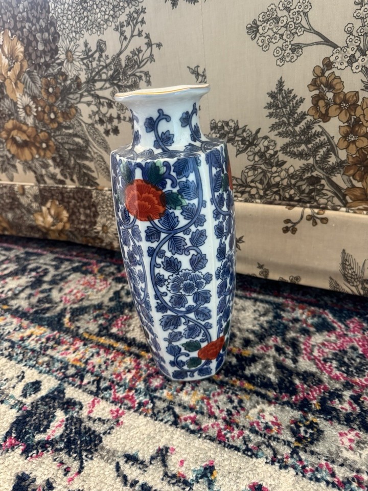 Japanese Blue and White Porcelain Vase with Red Floral Accents, Floral ...