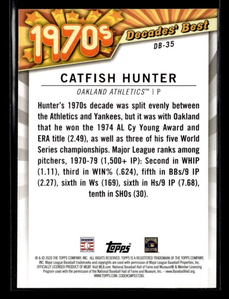2020 Topps Catfish Hunter #DB-35 Decades' Best (Series One) | eBay