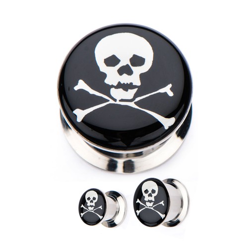 PAIR-Skull White/Black Steel Stash Screw On Ear Plugs 16mm/5/8" Gauge ...