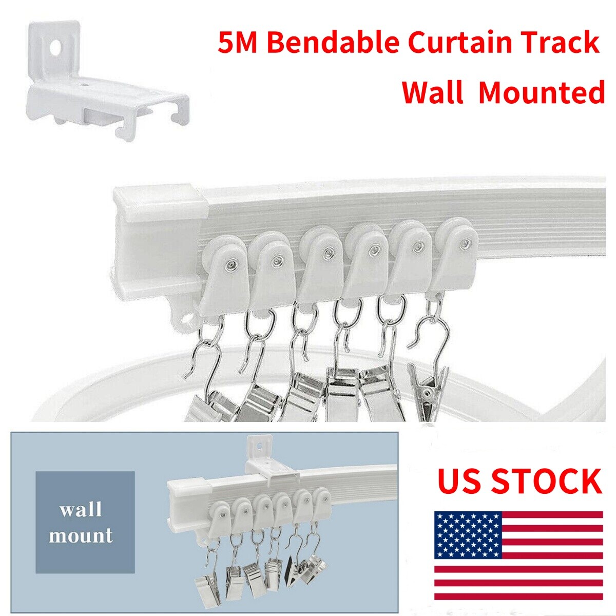 5M Bendable Curtain Track Room Wall Side Mounted Rail Gliders Clips Set ...