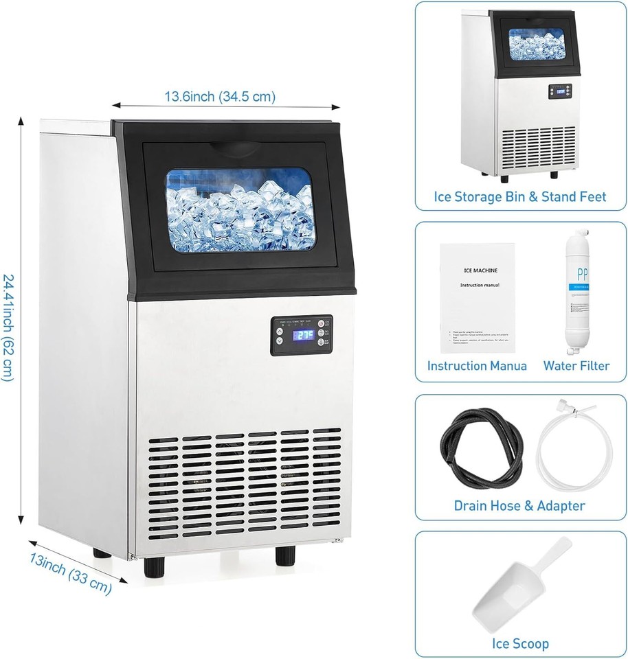 110LBS/24H Commercial Ice Maker Under Counter Ice Cube Machine 18LBS ...