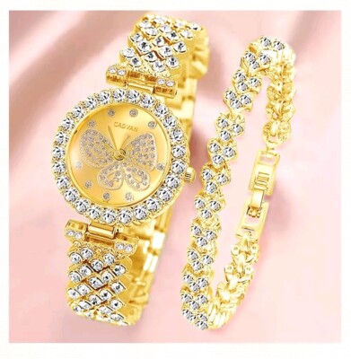 Watch Gift Set for Women Ladies Gold Watch and Bracelet Rhinestone ...
