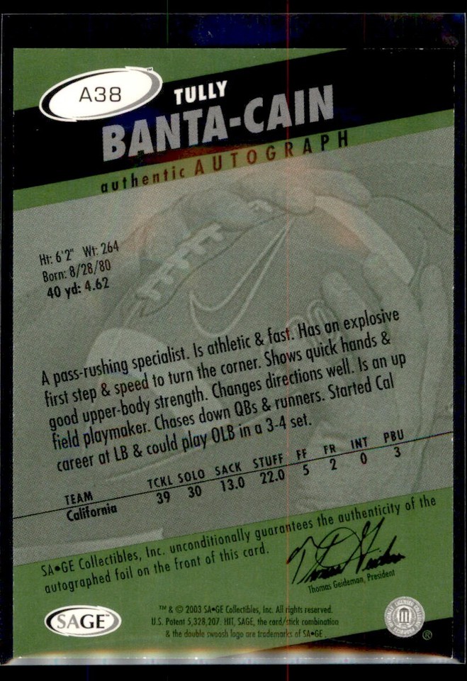 Tully Banta-Cain 2003 SAGE HIT Silver RC On Card Autograph Rookie Auto ...
