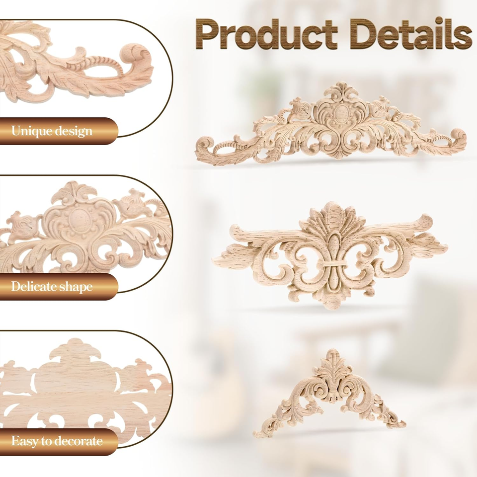 14Pcs Wood Appliques and Onlays, Carved Unpainted DIY Decorative Wooden ...