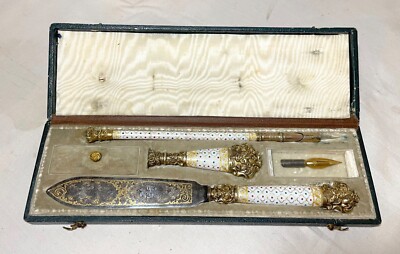 1800's French sterling silver gilt paillonné enamel was seal pen ...