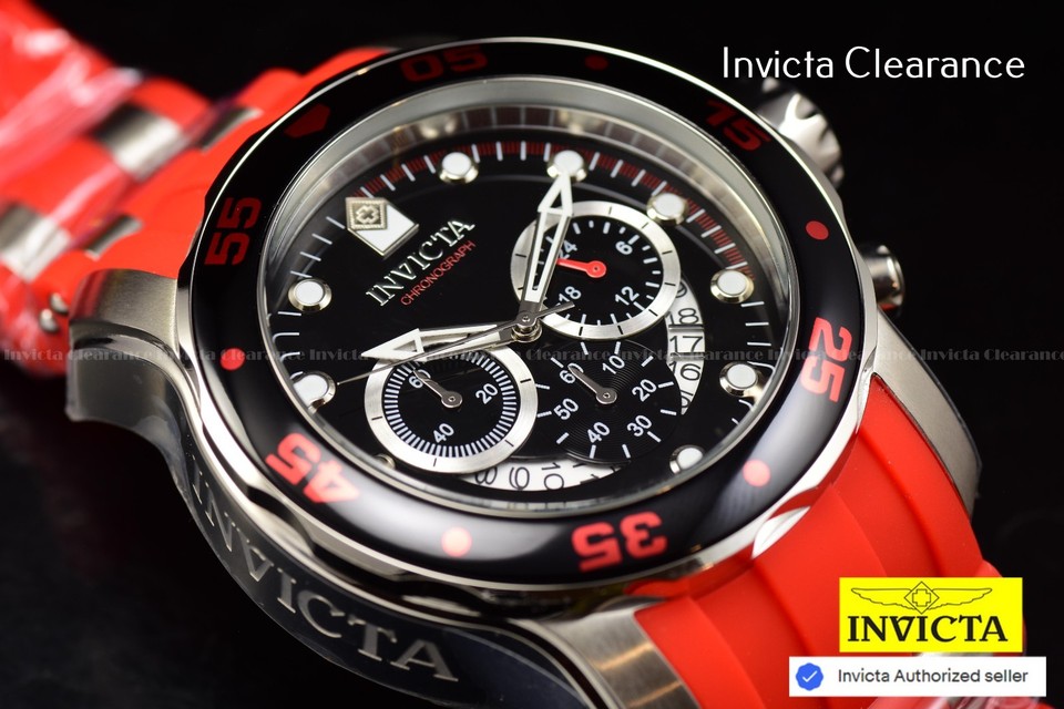Invicta Mens Pro Diver SCUBA SPORTY 48mm Chrono Black Dial Red Tone SS ...