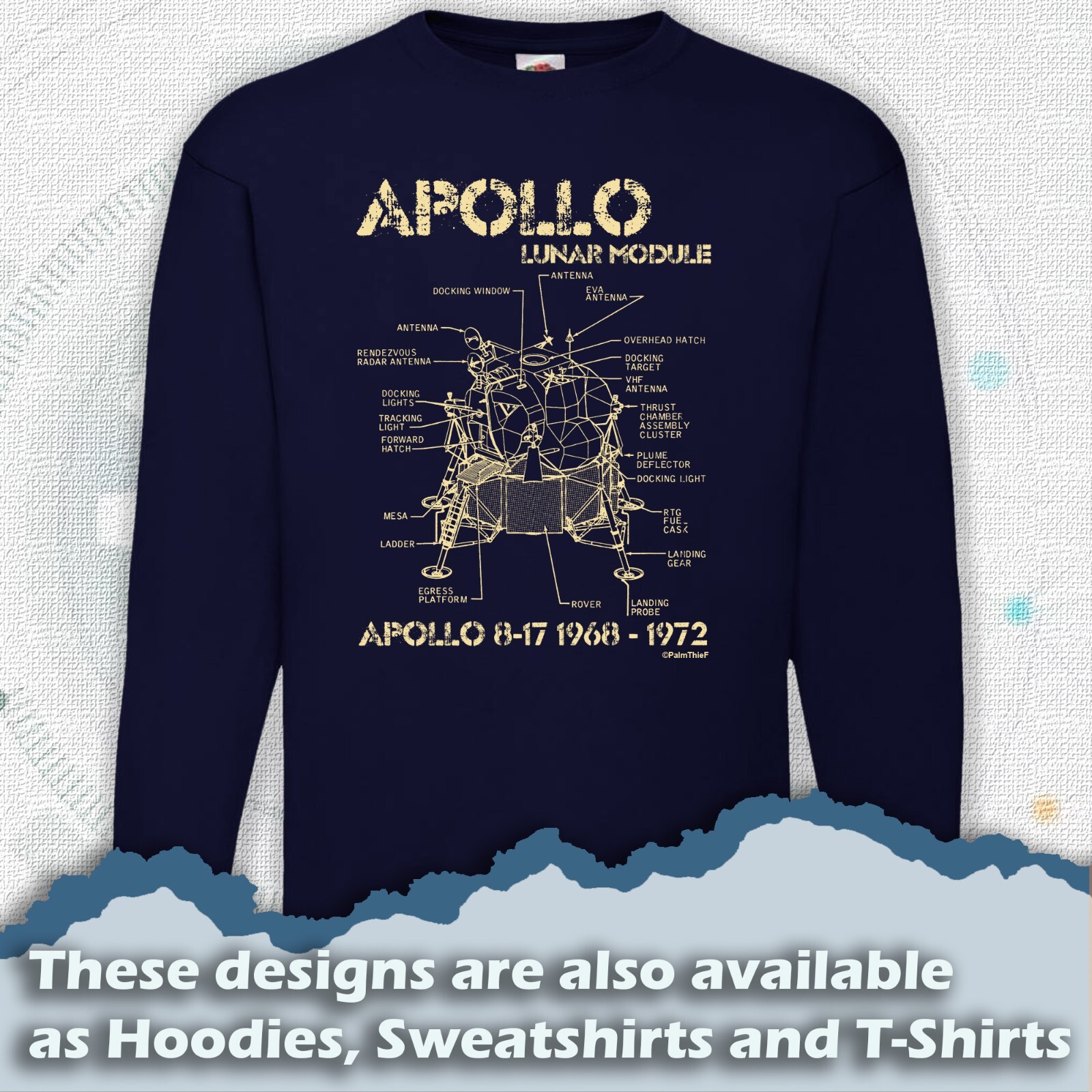 Apollo Lunar Module Blueprint Long-sleeved T-Shirt Moon Landing Vehicle ...