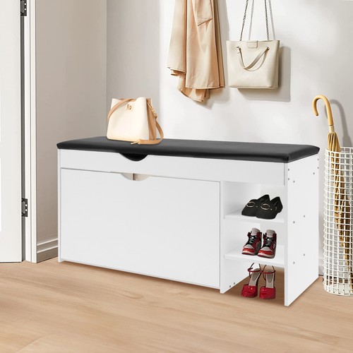 Space-Saving Triple-Fold Shoe Rack with Bench, Warm White, Entryway ...