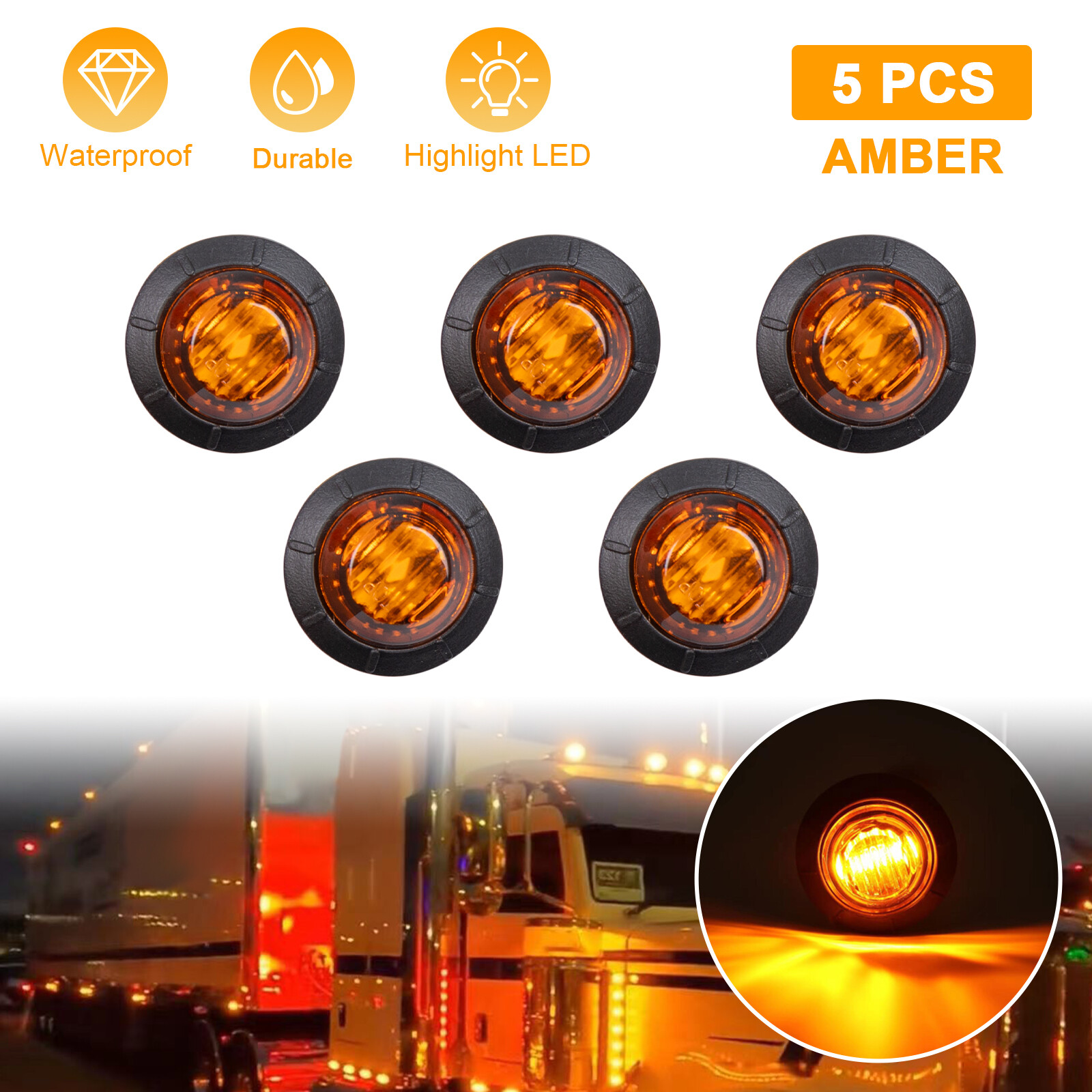 3/4" 12V Marker Lights LED Truck Trailer Round Side Bullet Light Amber ...