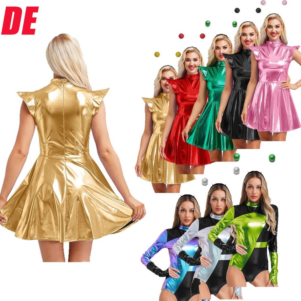 Women's Alien Cosplay Metallic Shiny Dress Headwear Set Fly Sleeve A ...