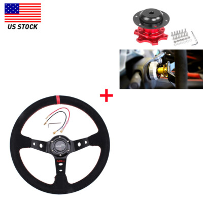 US 14" Suede Drifting Deep Steering Wheel with Quick Release Adapter ...