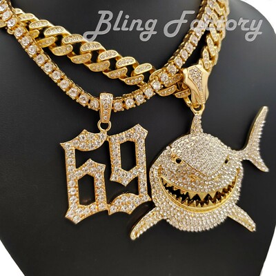 6ix9ine Iced Shark & 69 Pendant & 18" Iced Cuban & 1 Row Chain Bling ...