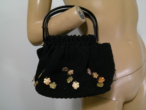Vtg 40's Black Crochet Handbag Purse Unique Plastic Handle & Metal ...