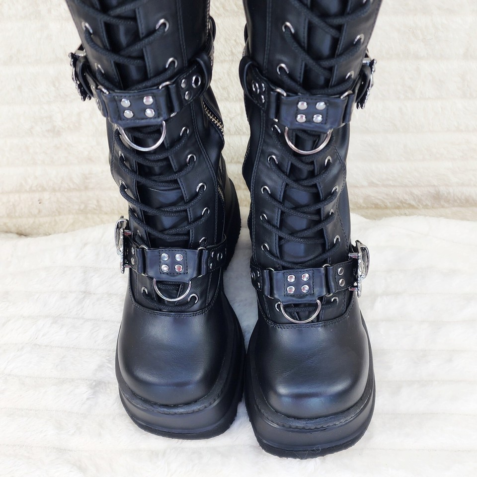 Shaker 420 Black sTRETCH 4.5" Wedge Heel OTK Thigh Boots Skulls Zippers ...