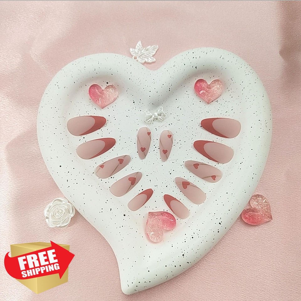 Matte Red Heart Almond Press On Nails Gold French Tip 24Pcs | eBay