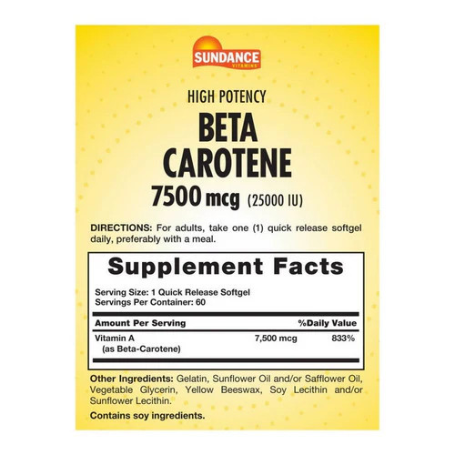High Potency Beta Carotene Provitamin A 7500 Mcg 60 Caps By Sundance ...