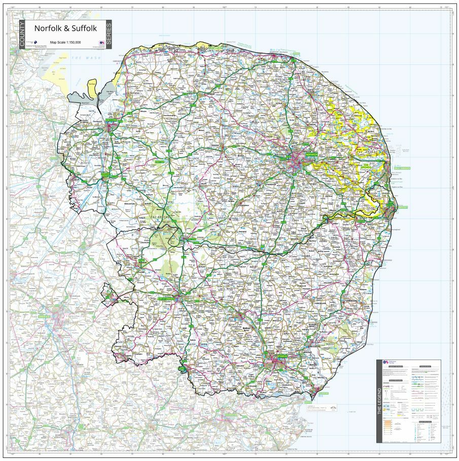 NORFOLK & SUFFOLK COUNTY WALL MAP - NEW for 2021 LAMINATED EDITION ...