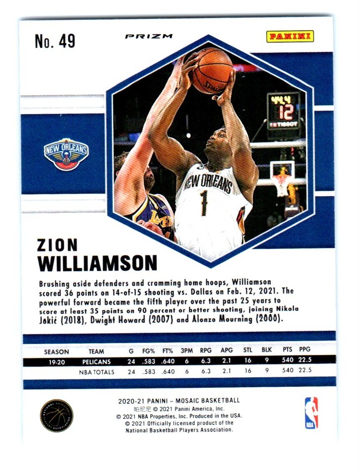 2020-21 Panini Mosaic Pink Zion Williamson New Orleans Pelicans #49 | eBay