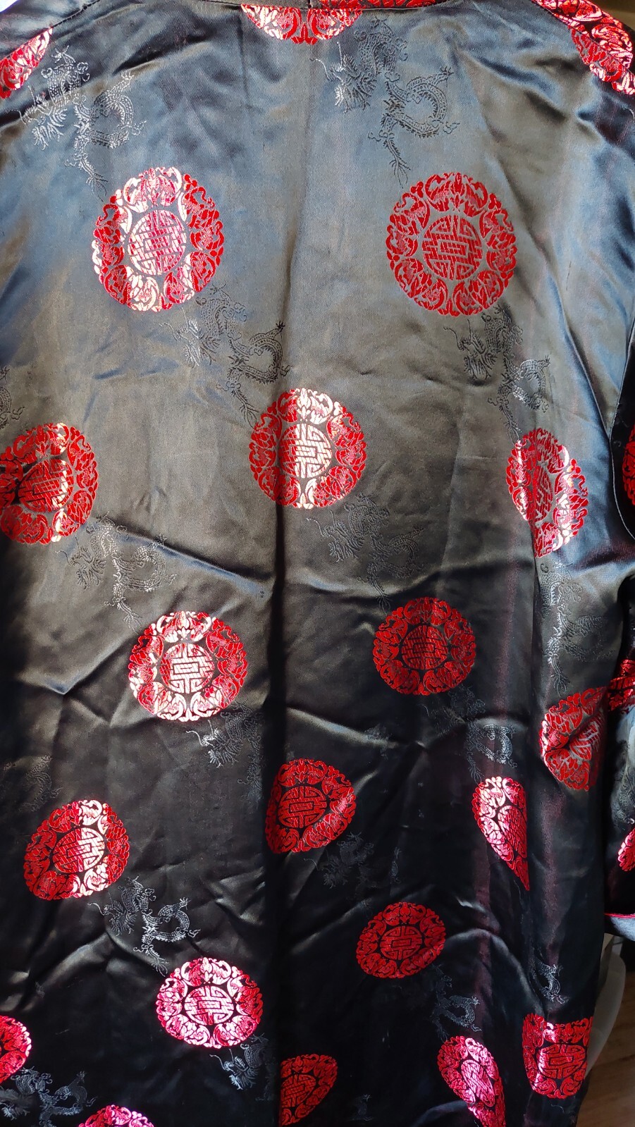 CHINESE SILK MEN'S ROBE. BLACK DRAGONS, PROSPERITY ME… - Gem