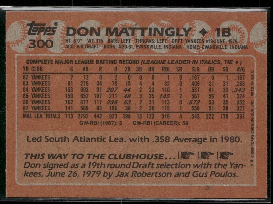 Don Mattingly 1988 Topps #300 New York Yankees | eBay