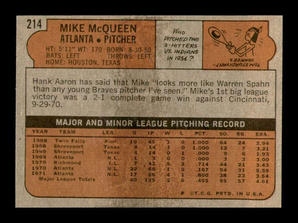 1972 Topps Mike McQueen #214 Atlanta Braves NM ID: 89704 | eBay