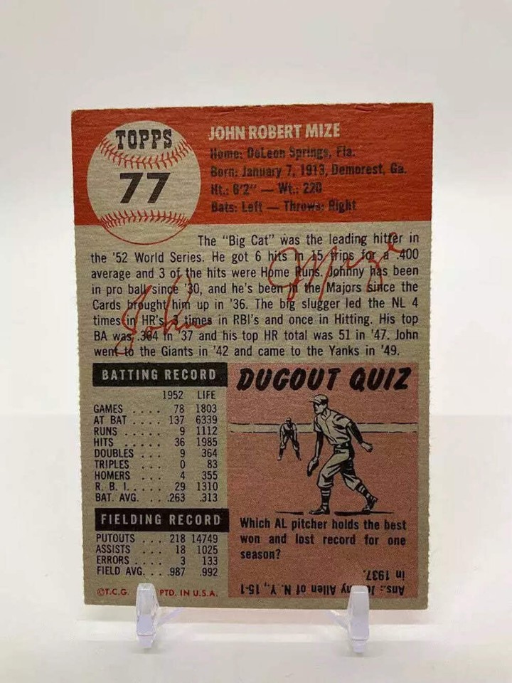 John Mize 1953 Topps #77 New York Yankees VG | eBay