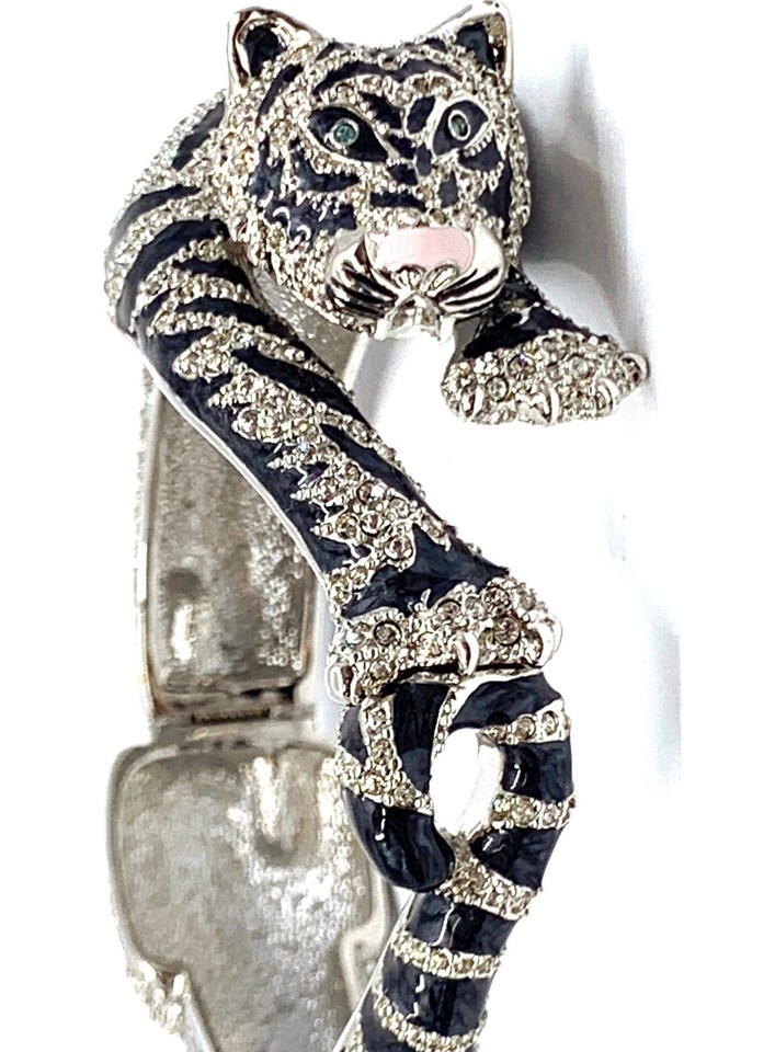 Siberian Tiger Cuff Bangle Rhodium Plated Metal Alloy Set With Enamel ...