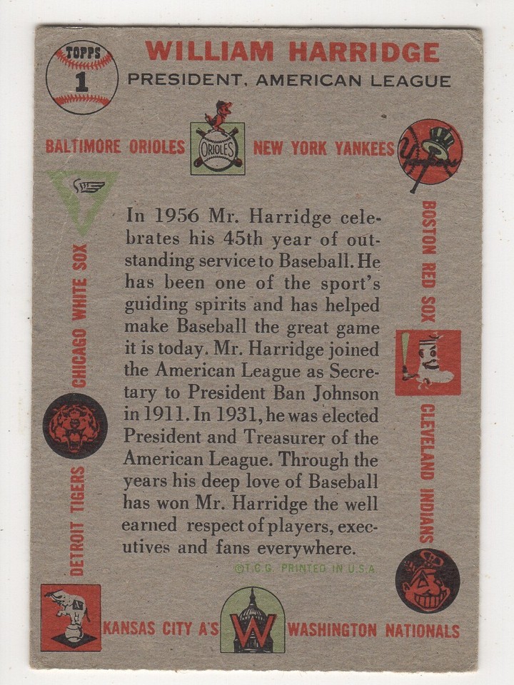 1956 Topps #1 Will Harridge American League President Gray Back | eBay