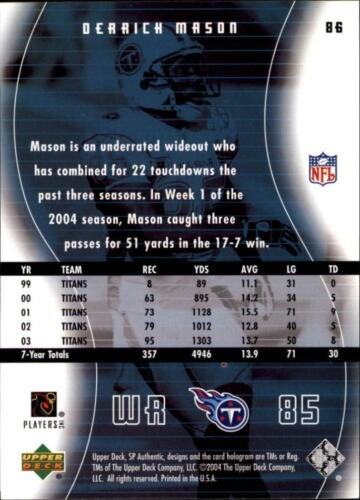 2004 SP Authentic Football Card #86 Derrick Mason | eBay