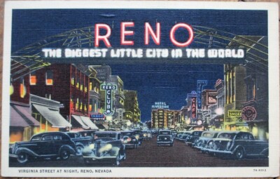 Reno, NV 1938 Linen Postcard: Virginia Street Arch at Night - Nevada ...