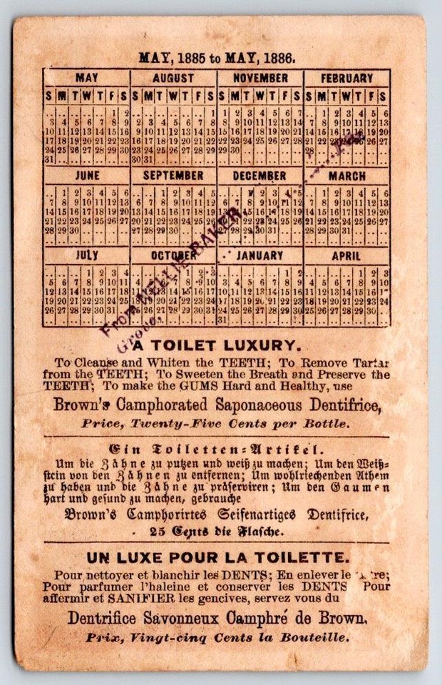 1885-1886 CALENDAR BROWN'S DENTRIFICE*MAYER MERKEL OTTMANN VICTORIAN ...