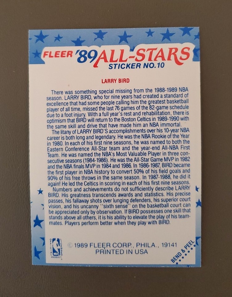 1989 Fleer Basketball 89 All-Star Stickers Larry Bird Celtics #10 | eBay
