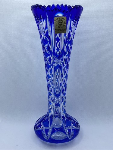 CAESAR CRYSTAL Bohemiae 9.5” Cobalt Blue Vase Czech Hand Cut Lead Over ...