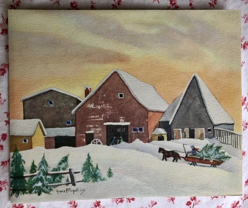 Vtg UNUSED Christmas Card Art Grace Fitzpatrick Tree Farm Horse Sleigh ...