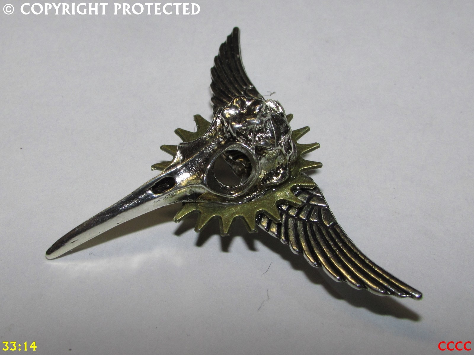 steampunk brooch badge pin cog flying silver wings bird skull plague ...